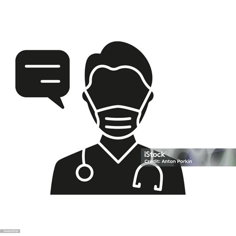말풍선 상담 개념 실루엣 아이콘이 있는 마스크를 쓴 의사 의사 말하는 글리프 블랙 픽토그램 의료 채팅 아이콘입니다 메딕 대화