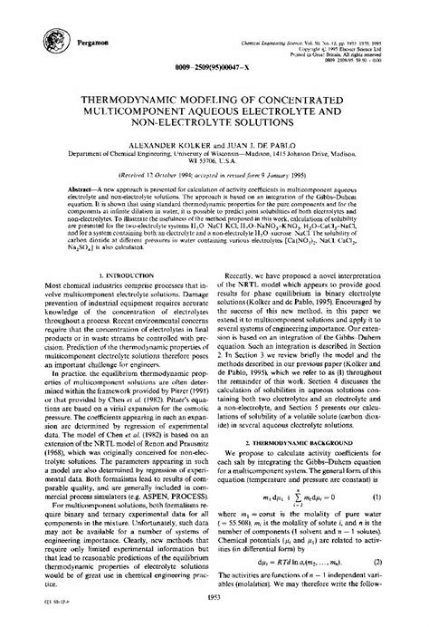 Pdf Thermodynamic Modeling Of Concentrated Multicomponent Aqueous
