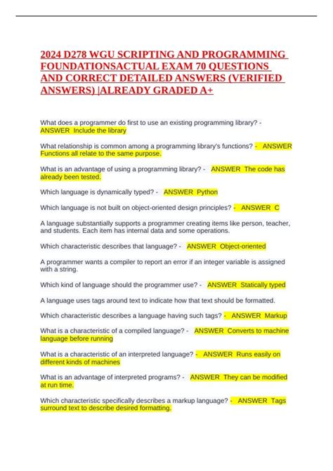 2024 d278 wgu scripting and programming foundationsactual exam 70