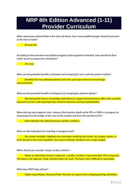 Nrp 8th Edition Advanced 1 11 Provider Curriculum Exams Nursing Docsity