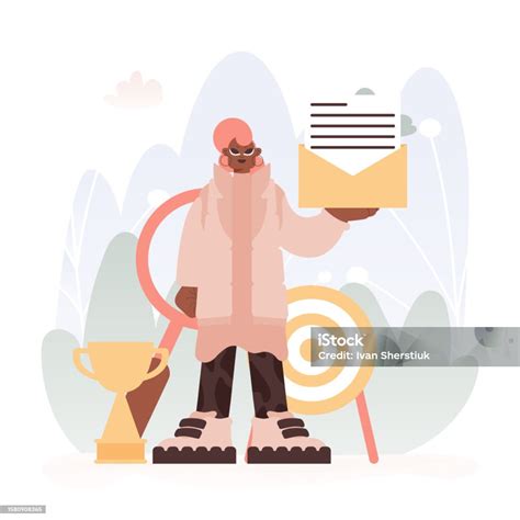 편지가 든 봉투를 들고 있는 활기찬 여성의 벡터 조직 여는 유리와 표적으로 강화 가정의 방에 대한 스톡 벡터 아트 및 기타