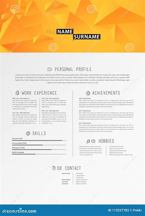Creative Simple Cv Template With Orange Triangles In Header Stock Vector Illustration Of