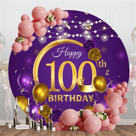 Purple Golden Balloon Round 100th Birthday Backdrop Aperturee