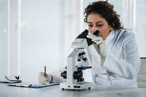 분석된 샘플의 결과를 현미경으로 검사한 후 작성하는 여성 과학자 과학에 대한 스톡 사진 및 기타 이미지 과학 여자 검사 보기 Istock