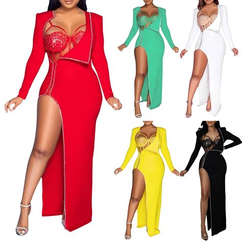 Women Sexy High Slit Dresses With Bra Sequin Hot Diamond Long Sleeved