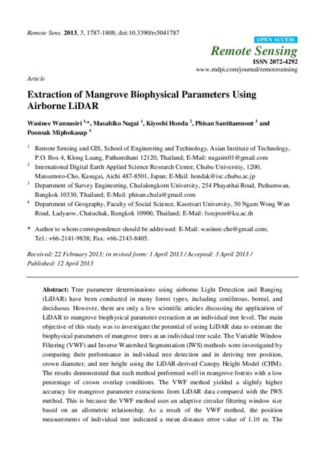 Pdf Extraction Of Mangrove Biophysical Parameters Using Airborne Lidar