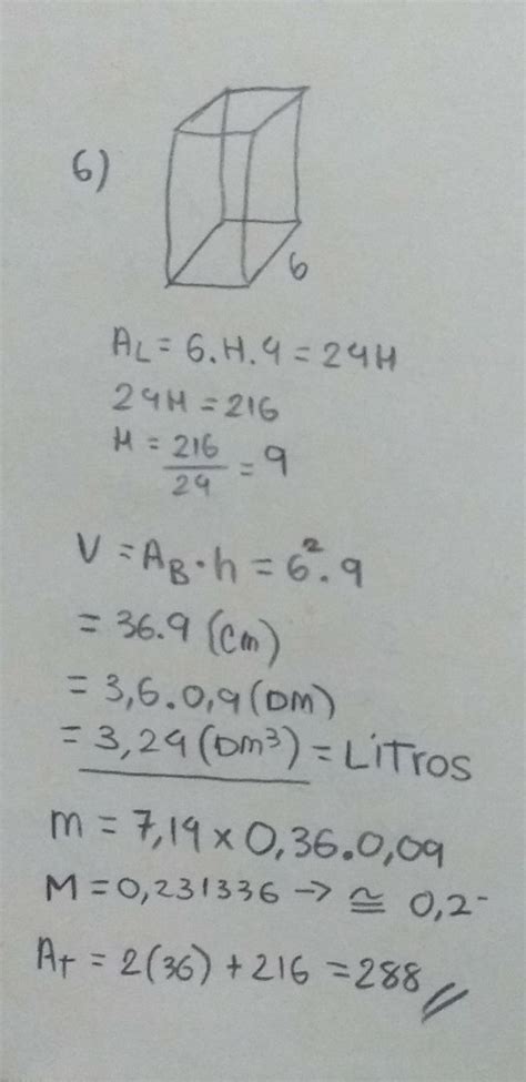 6 Num Prisma Quadrangular Regular A Aresta Da Base Mede 6 Cm A área