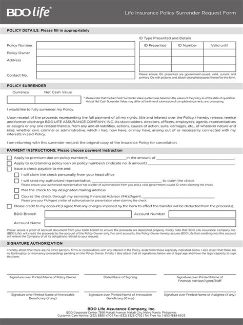 Life Insurance Policy Surrender Request Form Fillable Pdf Life