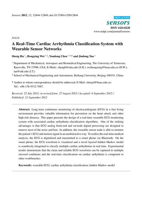 Pdf A Real Time Cardiac Arrhythmia Classification System With Wearable Sensor Networks