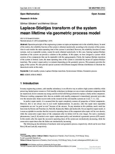 Pdf Laplace Stieltjes Transform Of The System Mean Lifetime Via Geometric Process Model