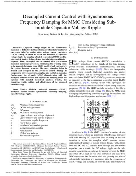 Pdf Decoupled Current Control With Synchronous Frequency Damping For Mmc Considering Sub