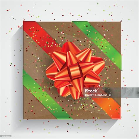 흰색 배경에 고립 된 큰 빨간 활과 빨간색과 녹색 리본갈색 선물 상자 크리스마스와 생일 패키지 셀레비리얼 리얼한 기프트 박스 탑 뷰 갈색에 대한 스톡 벡터 아트 및 기타