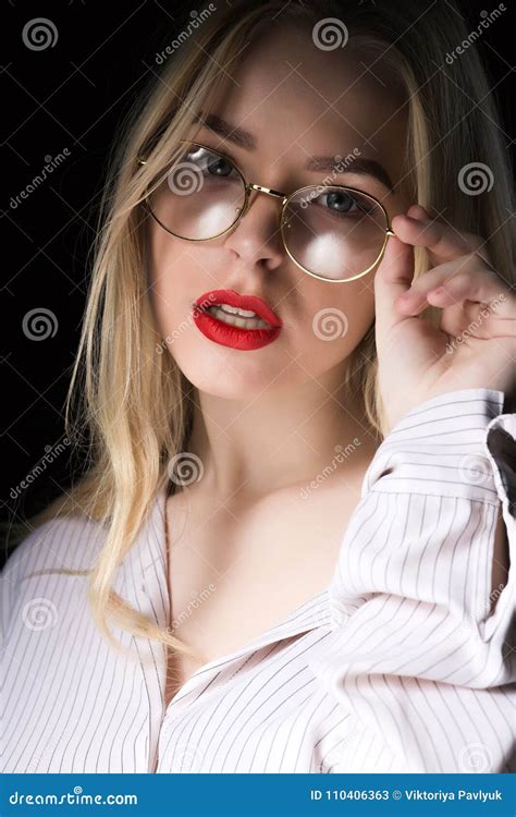Portrait Of Glamor Blonde Woman In Glasses Wearing Blouse With N Stock