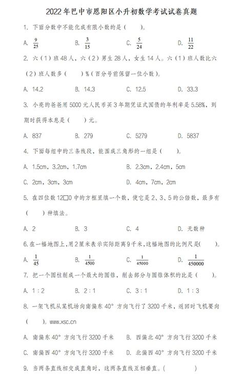 2022年巴中市恩阳区小升初数学考试试卷真题及答案人教版