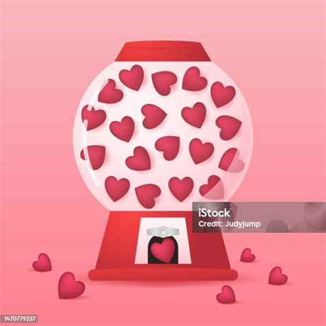 분홍색 배경에 빨간색 파란색과 흰색 풍선껌 하트로 채워진 자동 판매기의 심장 투명 유리로 된 그림 발렌타인 데이 3차원 형태에 대한 스톡 벡터 아트 및 기타 이미지 Istock
