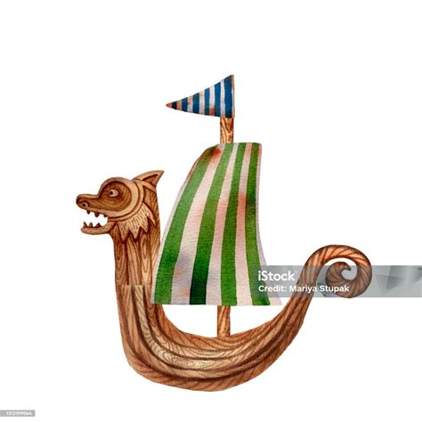 바이킹 드라크카르의 귀여운 일러스트 고대 스칸디나비아 보트 오래된 바다 수송 일러스트의 재미있는 만화 스타일 북쪽 긴 함 나무 군함 녹색 줄무늬 플래그 나무 드라카르