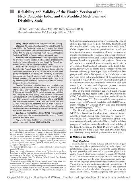 Pdf Reliability And Validity Of The Finnish Version Of The Neck Disability Index And The