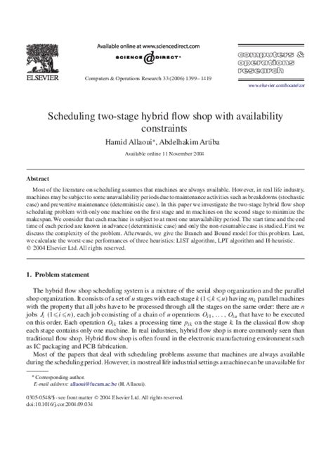 Pdf Scheduling Two Stage Hybrid Flow Shop With Availability Constraints