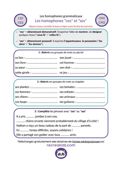 Ces Ou Ses Mais Ou Mes Homophones Cm1 Exercices Ortho
