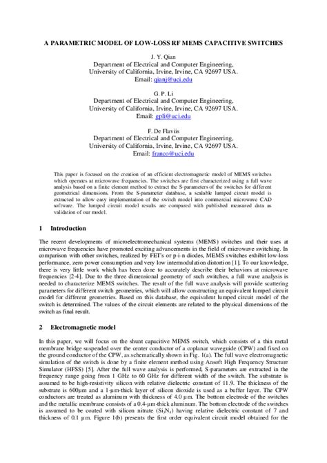 Pdf A Parametric Model Of Low Loss Rf Mems Capacitive Switches