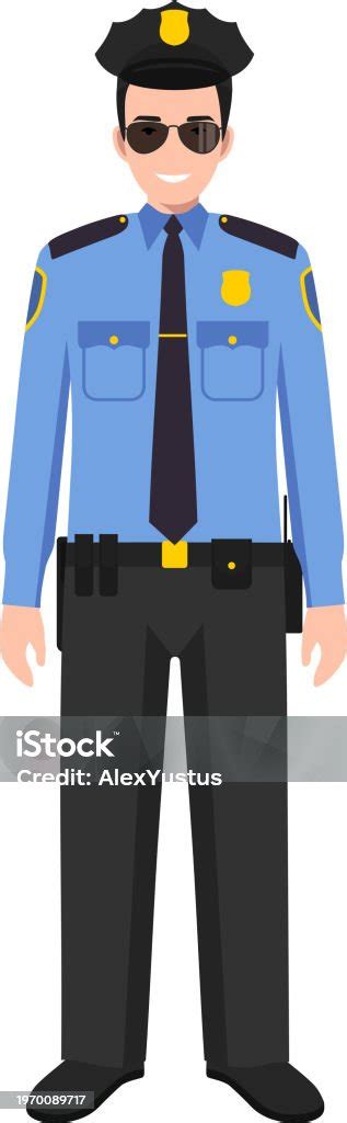 전통적인 제복을 입은 서 있는 미국 경찰관 캐릭터 아이콘 플랫 스타일 벡터 일러스트 Criminal Investigation에 대한 스톡 벡터 아트 및 기타 이미지