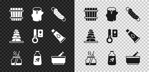 사우나 양동이 나무 통나무 수건 아로마 디퓨저 에센셜 오일 병 박격포 및 유봉 스택 핫 스톤 및 온도계 아이콘을 설정하십시오 벡터 건강관리와 의술에 대한 스톡 벡터 아트 및