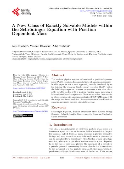 Pdf A New Class Of Exactly Solvable Models Within The Schrödinger Equation With Position