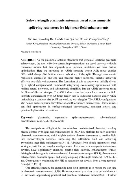Pdf Subwavelength Plasmonic Antennas Based On Asymmetric Split Ring Resonators For High Near