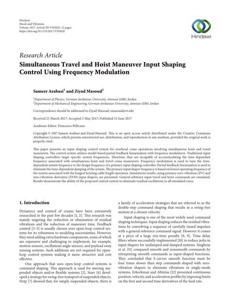 Pdf Simultaneous Travel And Hoist Maneuver Input Shaping Control Using Frequency Modulation