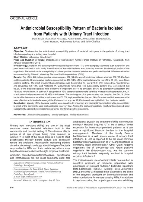 Pdf Antimicrobial Susceptibility Pattern Of Bacteria Isolated From Patients With Urinary Tract