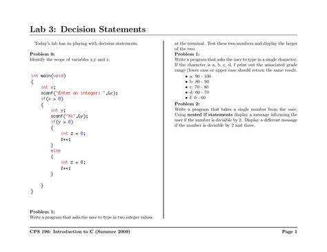 Introduction To Computer Programming Lab 3 For Decision Statements Cps 196 Docsity