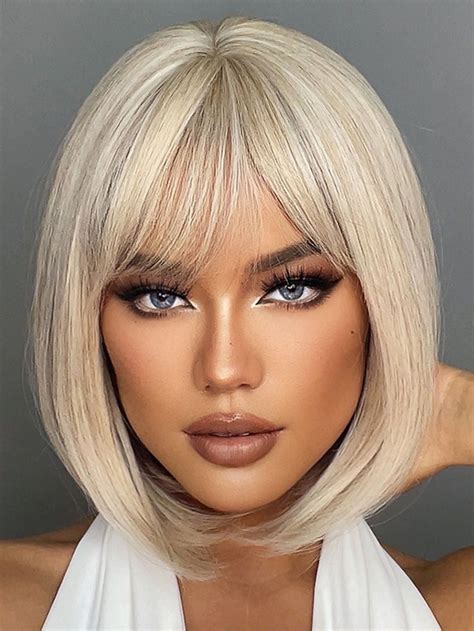 Natural Short Straight Synthetic Wig With Bangs Bob Lace Front Wigs