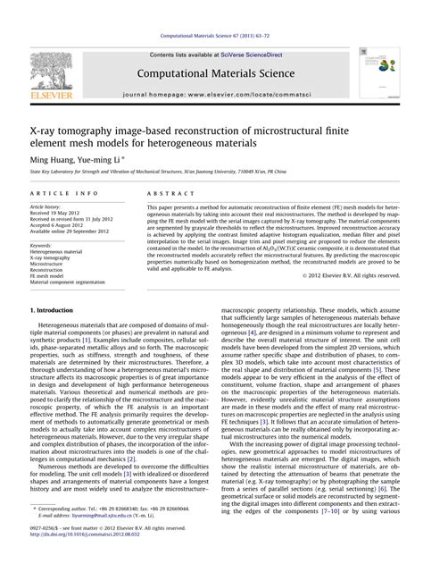 Pdf X Ray Tomography Image Based Reconstruction Of Microstructural Finite Element Mesh Models