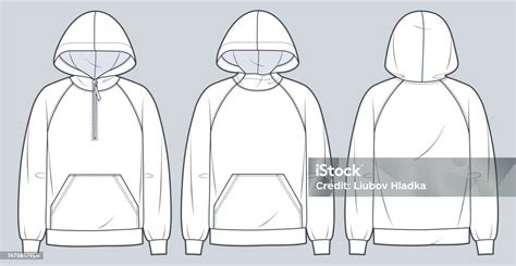 래글런 슬리브 까마귀 테크니컬 패션 일러스트 후드 스웨트 셔츠 패션 플랫 기술 도면 템플릿 포켓 Zipup 전면 및 후면보기