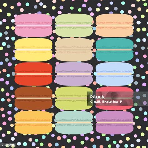 카드 디자인 마 카 롱 세트 파스텔 색상 블랙 폴카 도트 배경 광장 벡터 갈색에 대한 스톡 벡터 아트 및 기타 이미지 갈색 고풍스런 귀여운 Istock