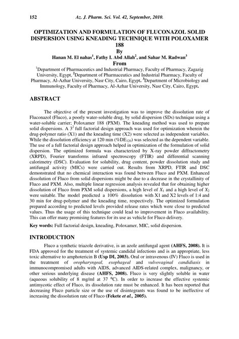 Pdf Optimization And Formulation Of Fluconazol Solid Dispersion Using Kneading Technique With