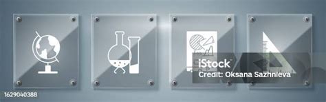 삼각형 눈금자 그래프 차트가 있는 보드 시험관 및 플라스크 화학 실험실 테스트 및 지구 지구를 설정합니다 정사각형 유리 패널