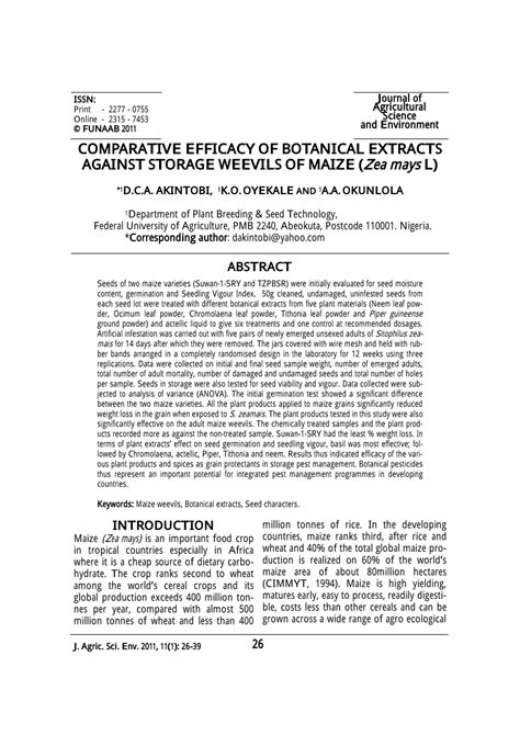 Pdf Comparative Efficacy Of Botanical Extracts Against Storage Weevils Of Maize Zea Mays L