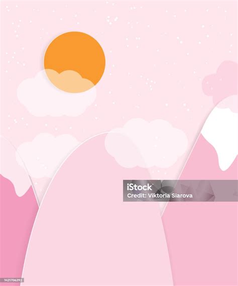 파스텔 핑크 종이 접기 산 태양과 구름 귀여운 카드 또는 포스터 벡터 손으로 그린 그림입니다 밤 하루 시간대에 대한 스톡 벡터