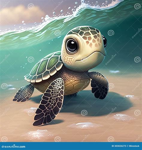 Ai Generated Illustration Of A Green Cartoon Sea Turtle Resting On The Sandy Seafloor