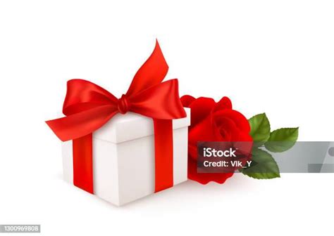 빨간색 리본과 빨간색 장미가 흰색 배경에 고립 된 현실적인 흰색 선물 상자 해피 발렌타인 데이를 위한 디자인 요소 벡터 일러스트레이션 0명에 대한 스톡 벡터 아트 및 기타