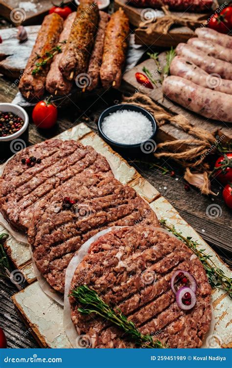 Pork Burger On Chopping Board Beef Steak On A Bbq Grill Top View Stock Image Image Of Meal