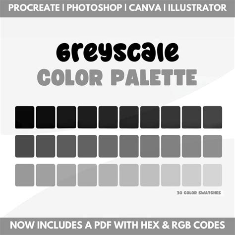 Greyscale Color Palette With Hex Codes And Rgb Codes Procreate Swatches