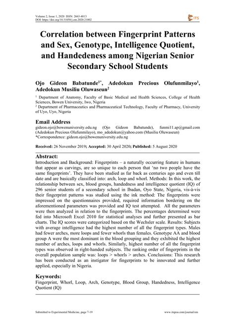 Pdf Correlation Between Fingerprint Patterns And Sex Genotype Intelligence Quotient And