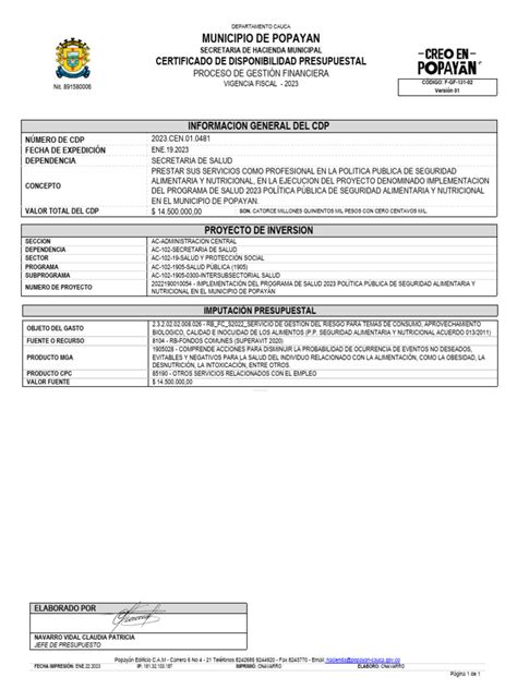 Certificado De Disponibilidad Presupuestal F Gf Ppto 03 Pdf Economias