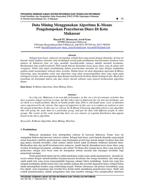Data Mining Menggunakan Algoritma K Means Pengelompokan Penyebaran Diare Di Kota Makassar Pdf