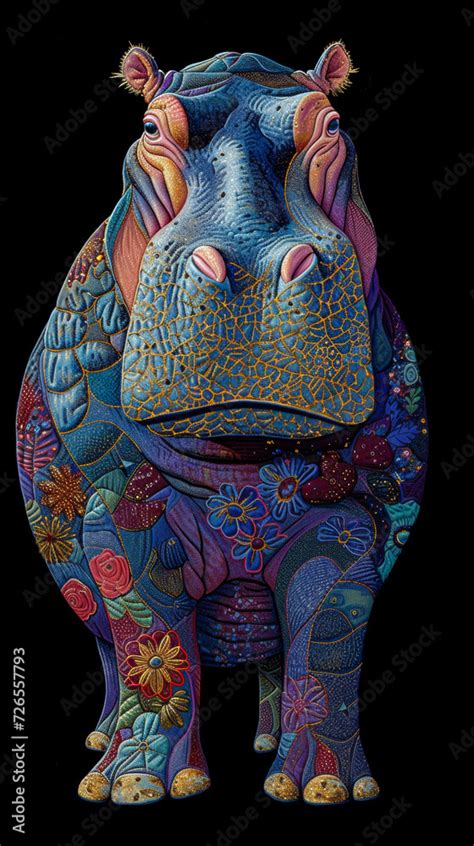 Hippopotamus In The Art Style Of Bold Colors And Quilted Patterns