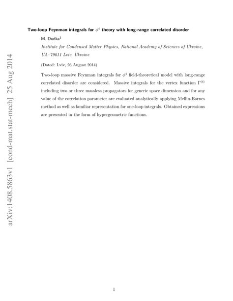 Pdf Two Loop Feynman Integrals For 4 Theory With Long Range Correlated Disorder