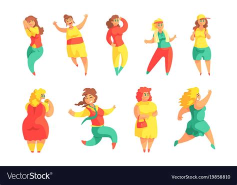 Happy Plus Size Women In Colorful Fashion Clothes Vector Image
