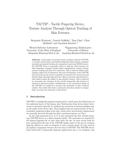 Pdf Tactip Tactile Fingertip Device Texture Analysis Through Optical Tracking Of Skin Features